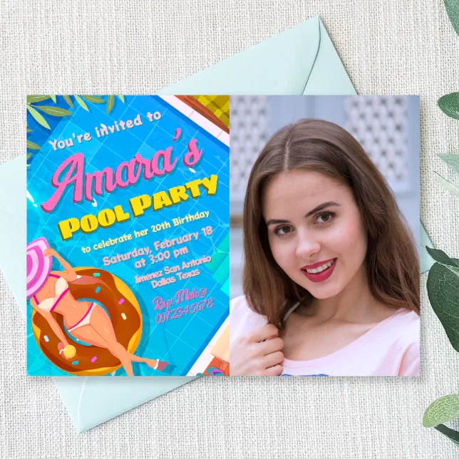 Pool Party - Girl with Photo Invitation | Zazzle