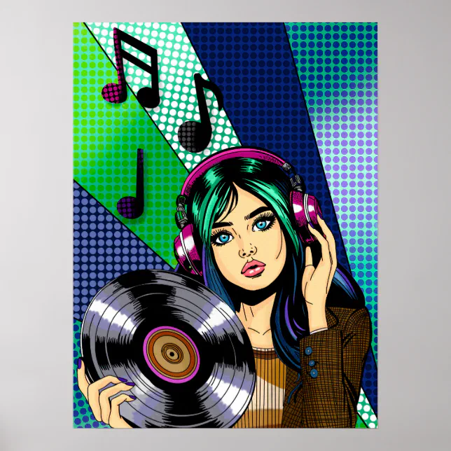 Pop Art Girl with Record Poster | Zazzle