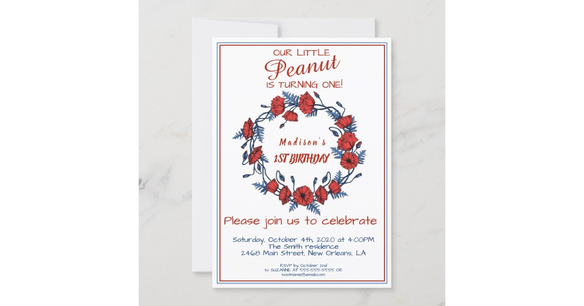 Poppy Wreath Floral First Birthday Invitation | Zazzle