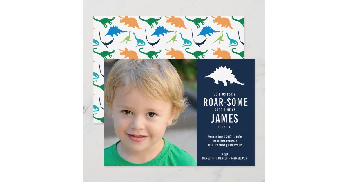 Preppy Dinosaur Silhouette Birthday Party Photo Invitation | Zazzle