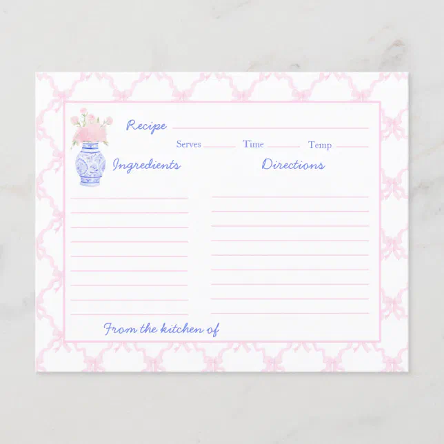 Preppy Grandmillennial Ginger Jar Bow Recipe Card | Zazzle