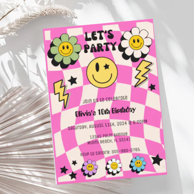 Preppy Hot Pink Retro Happy Face Party Birthday Invitation | Zazzle
