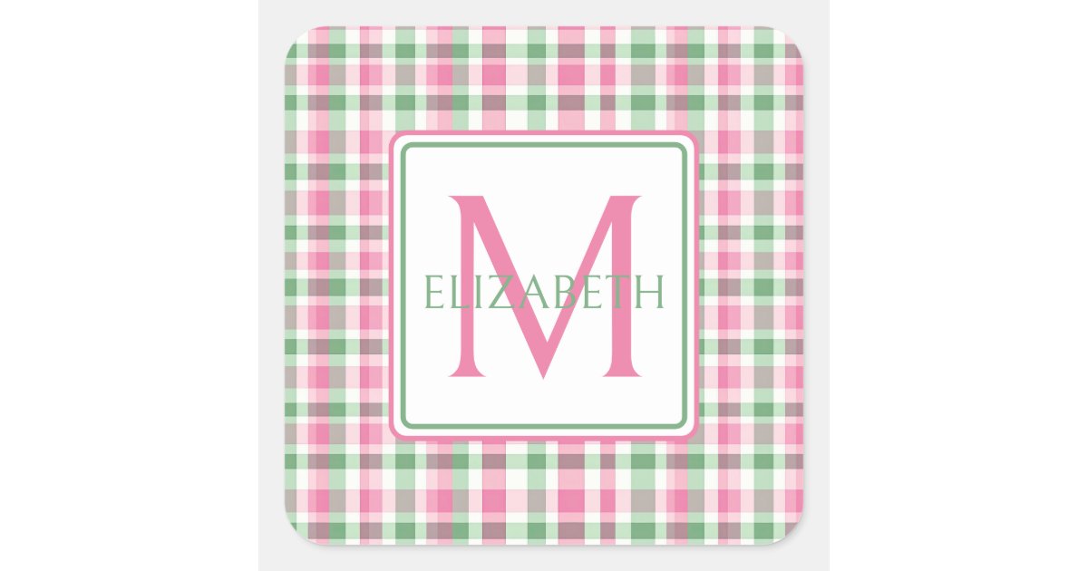Preppy Pink and Green Plaid Monogram Square Sticker | Zazzle