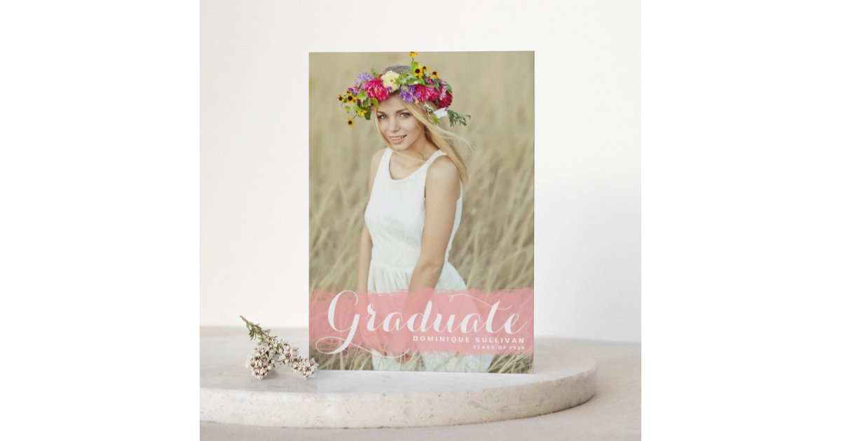 Preppy Pink Watercolor Overlay Photo Graduation Announcement Postcard ...