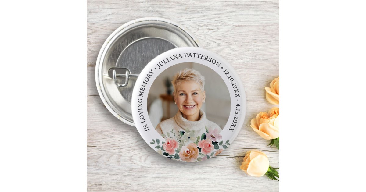 Pretty Floral Photo Memorial Keepsake Funeral 3 Cm Round Badge | Zazzle
