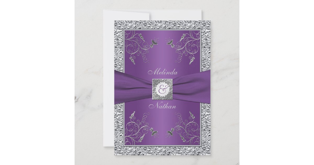 PRINTED RIBBON Purple Silver Wedding Invitation | Zazzle