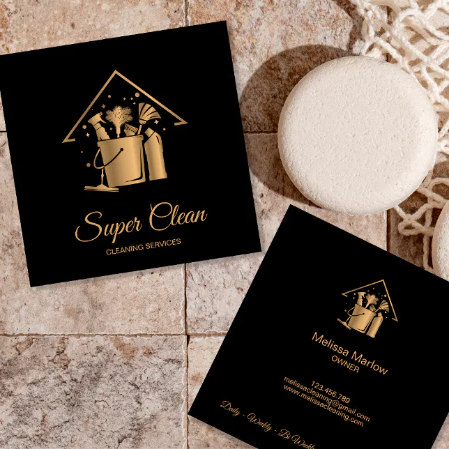 Professional House Cleaning Maid Gold Glitter Bus Square Business Card ...