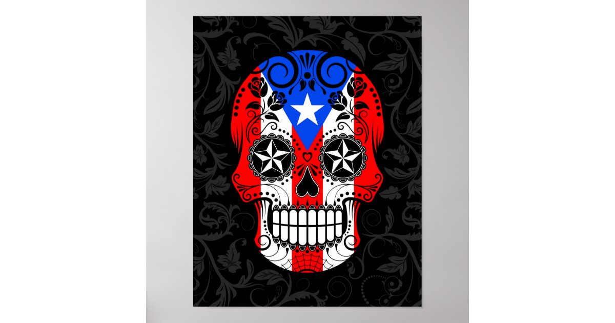 Puerto Rico Flag Sugar Skull with Roses Poster | Zazzle