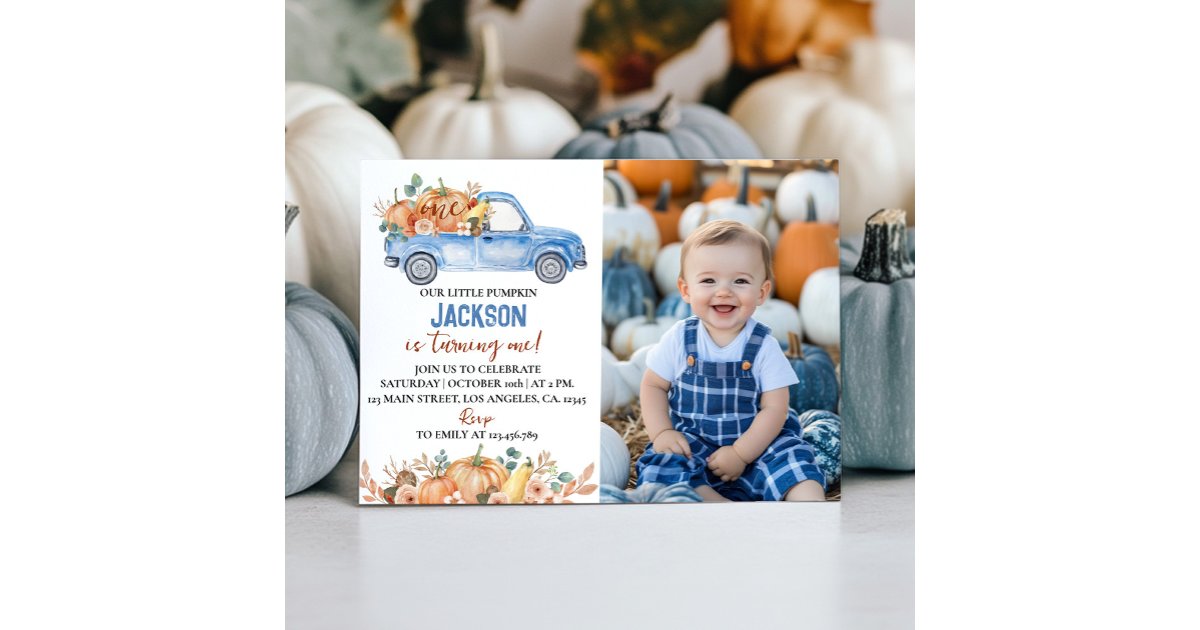 Pumpkin Blue Truck 1st Birthday Photo Invitation | Zazzle