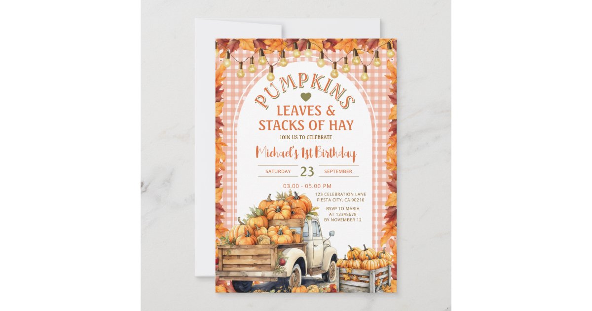 Pumpkins Leaves and Stacks of Hay Fall Birthday Invitation | Zazzle
