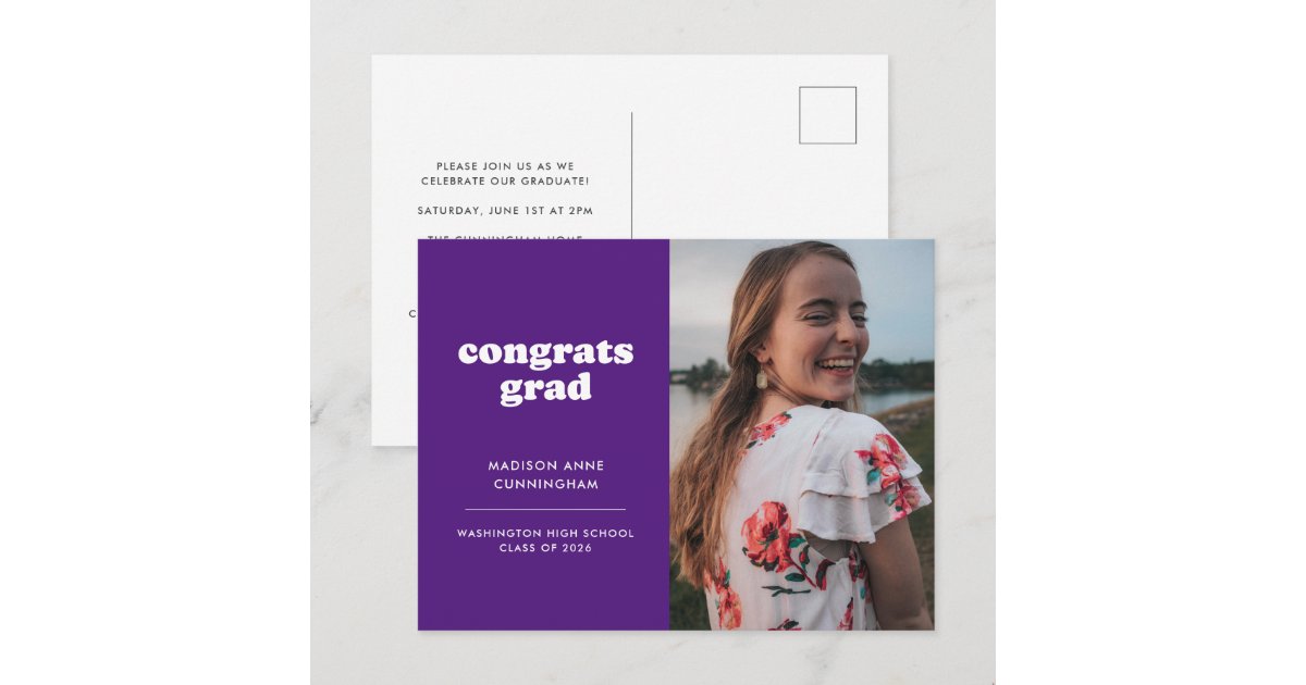 Purple Congrats Grad Photo Graduation Invitation Postcard | Zazzle