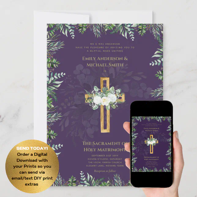 Purple Cross Catholic Nuptial Mass Wedding Invitation | Zazzle