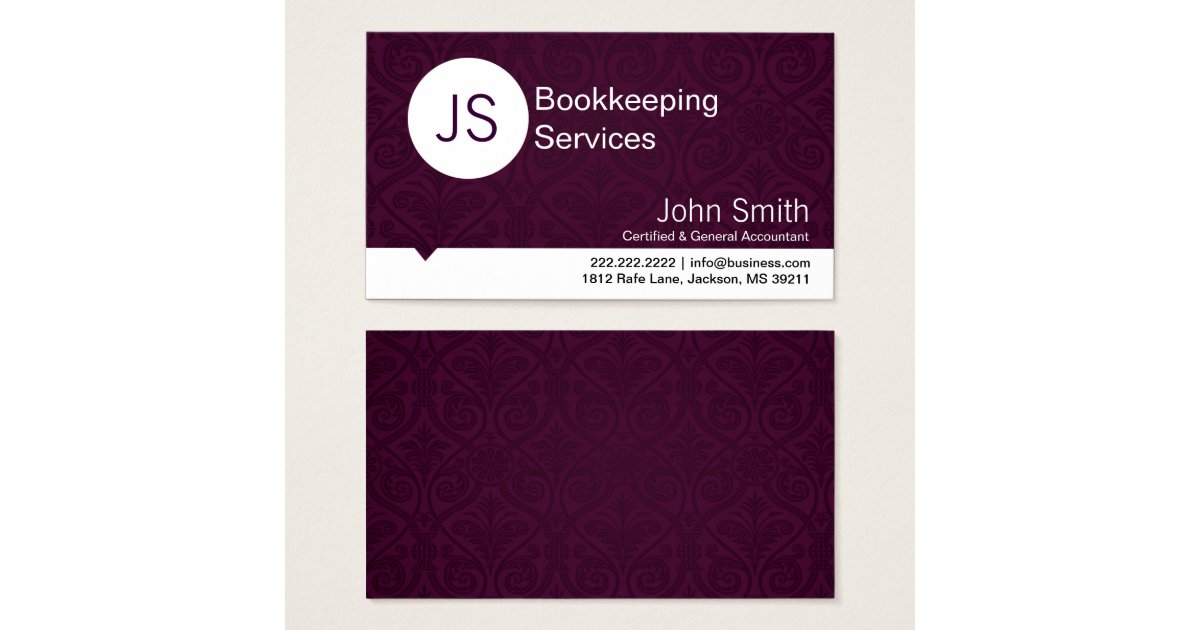 Purple Damask Bookkeeping/Accounting business card | Zazzle