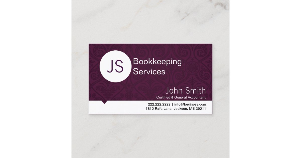 Purple Damask Bookkeeping/Accounting business card | Zazzle