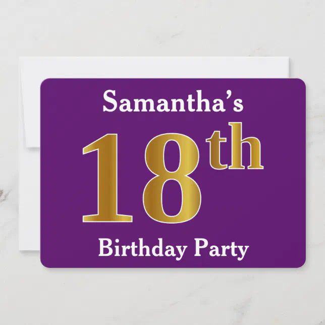 Purple, Faux Gold 18th Birthday Party; Custom Name Invitation | Zazzle