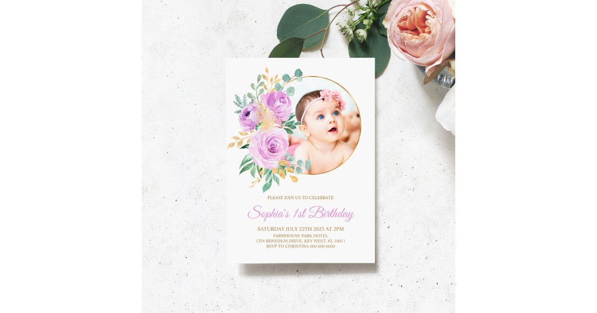 Purple Flowers & Gold Baby’s First Birthday Invitation | Zazzle