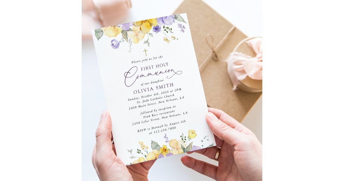 Purple Flowers, Yellow Flowers, First Communion Invitation | Zazzle
