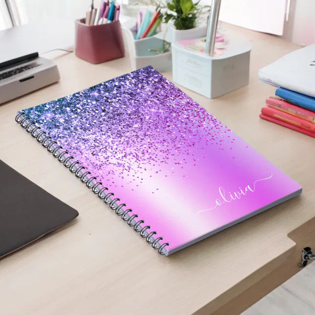 Purple Glitter Sparkle Glam Metal Monogram Name Notebook | Zazzle