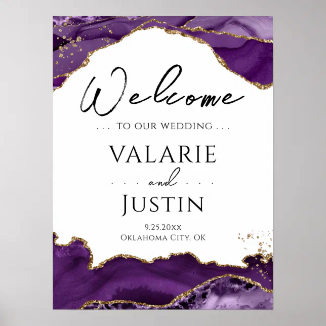 Purple Gold Glitter Agate Wedding Welcome Sign | Zazzle