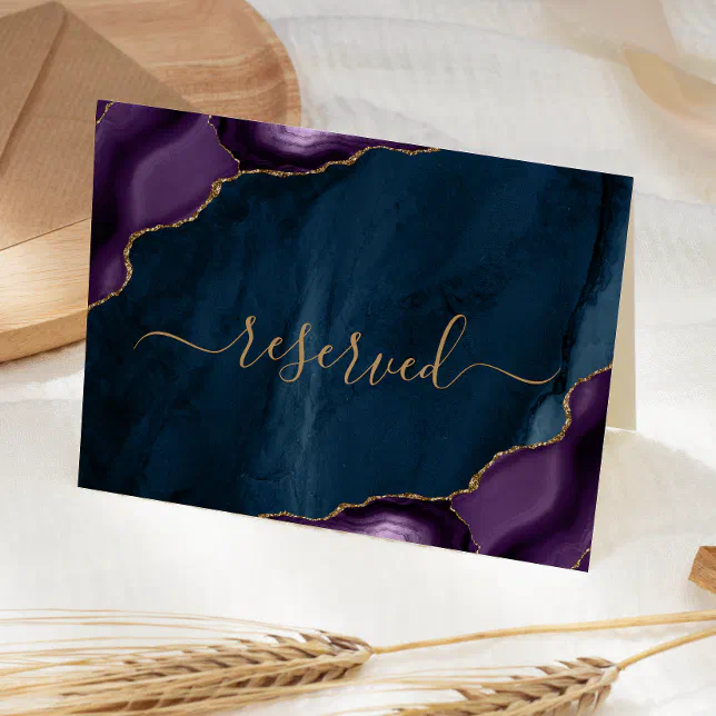 Purple Gold Navy Blue Agate Reserved Wedding Place Card | Zazzle