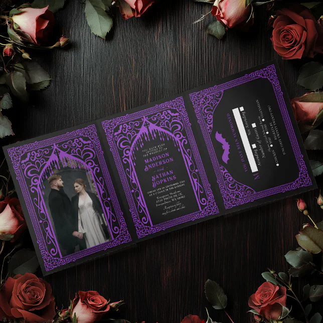 Purple Gothic Vampire Cathedral Wedding Invitation | Zazzle
