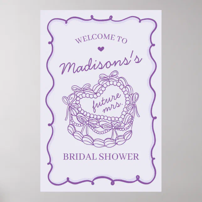 Purple Heart Coquette Cake Bridal Shower Welcome Poster | Zazzle