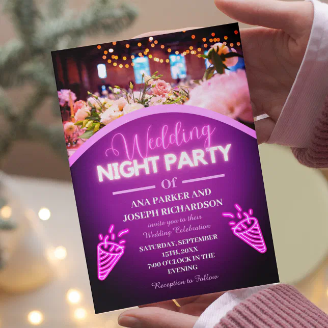 Purple Neon Lights Modern Wedding Night Party Invitation | Zazzle