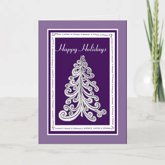 Purple or Custom Colour Doodle Style Christmas Tre Holiday Card | Zazzle