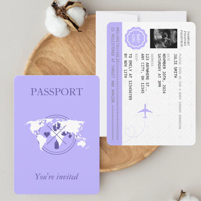 Purple Passport Travel Girl Baby Shower World Map Invitation | Zazzle