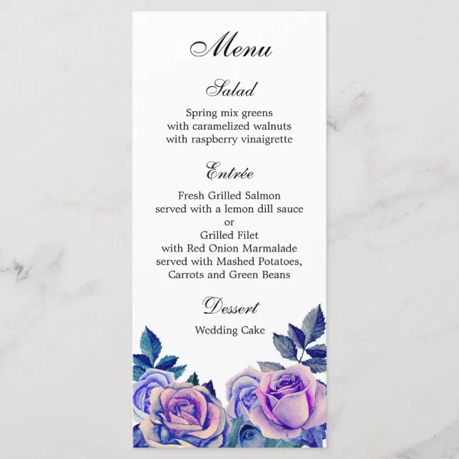 Purple roses wedding dinner menu Floral menu party | Zazzle