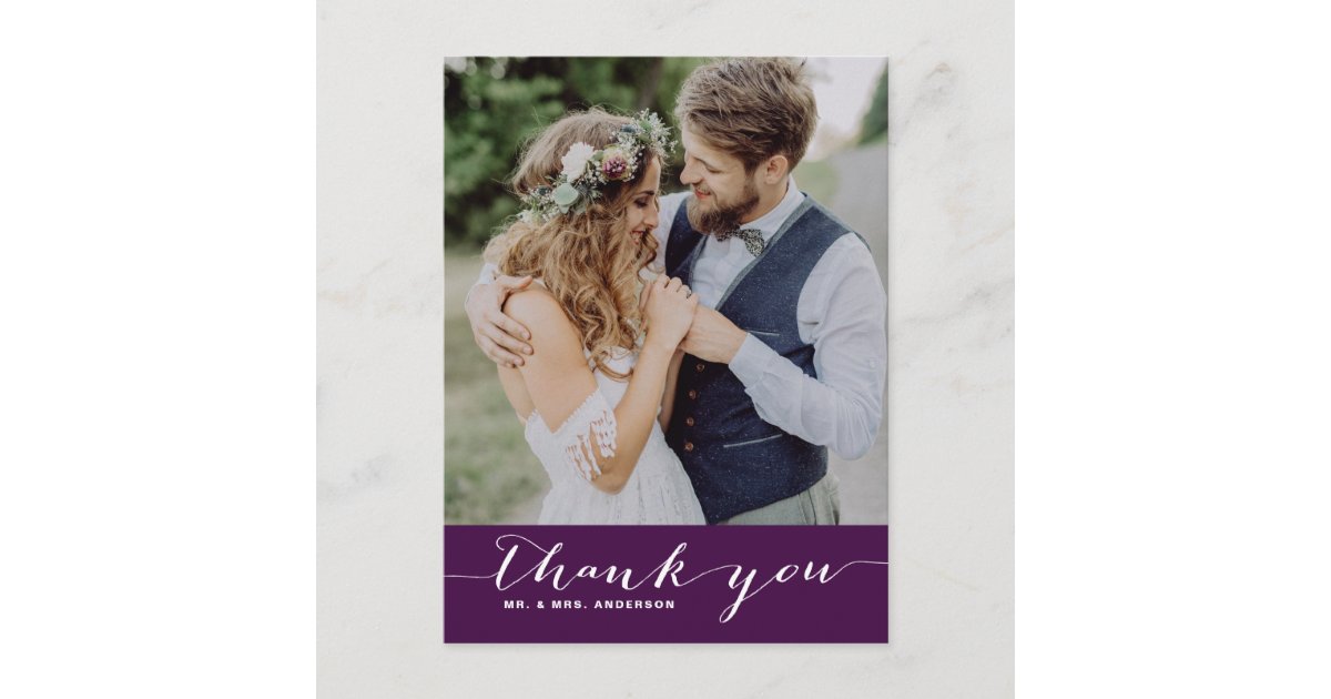 Purple Script Wedding Thank You Vertical Postcard | Zazzle