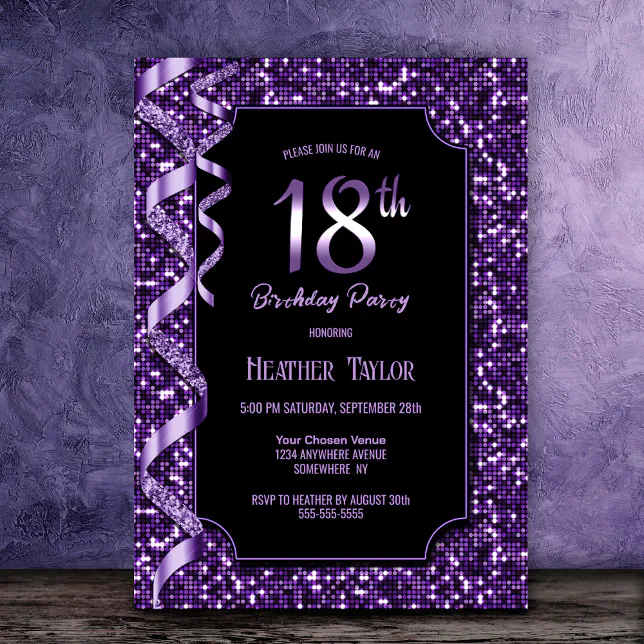 Purple Sequins 18th Birthday Party Invitation | Zazzle