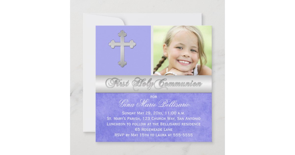 Purple Silver 1st Holy Communion Photo Invitation | Zazzle