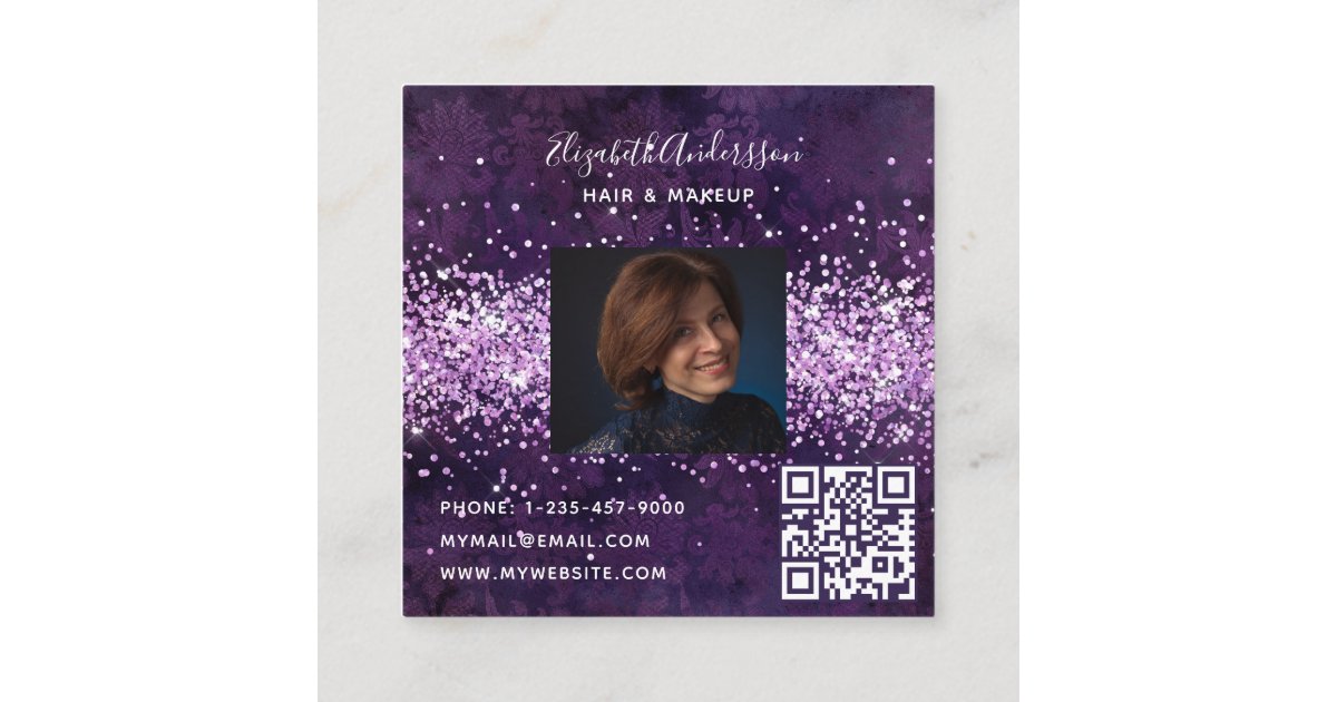 Purple violet profile photo qr code square business card | Zazzle