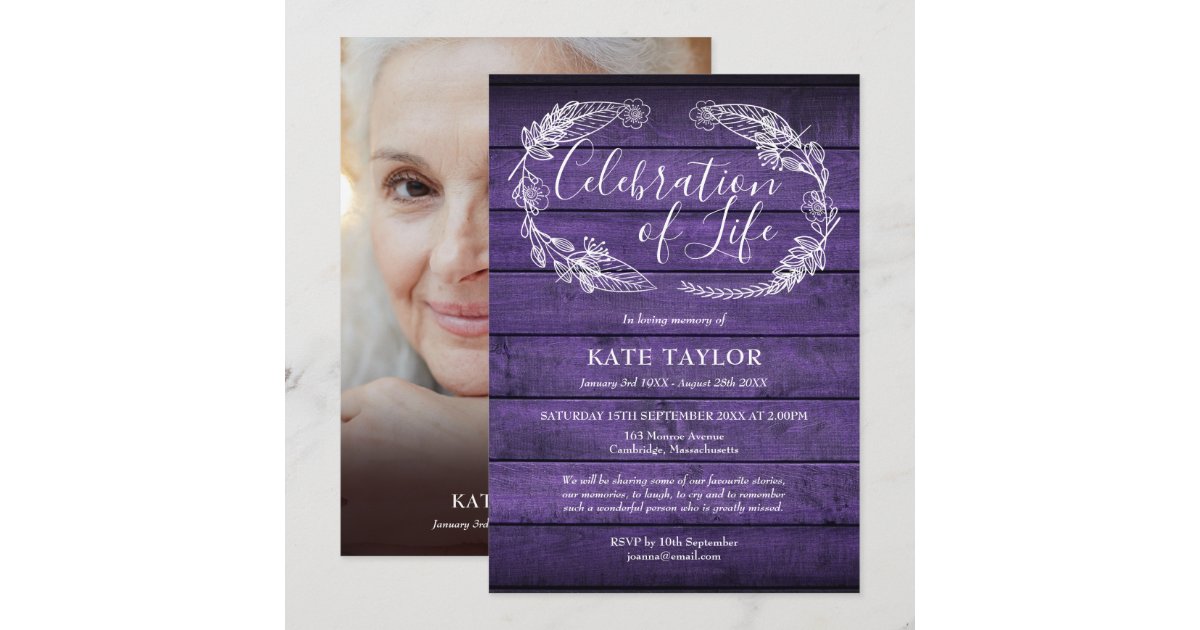 Purple Wood Funeral Celebration of Life Photo Invitation | Zazzle
