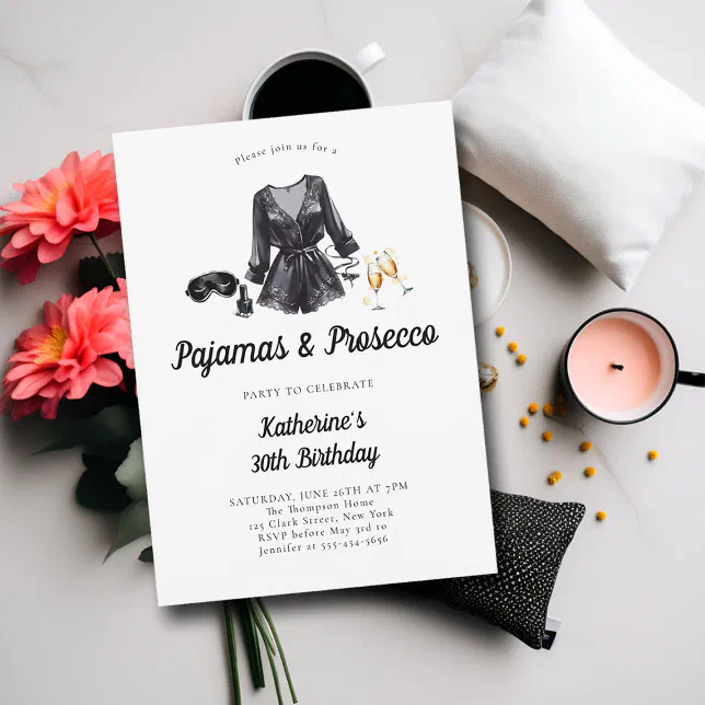 Pyjamas Prosecco PJ Party Sassy Bold 30th Birthday Invitation | Zazzle