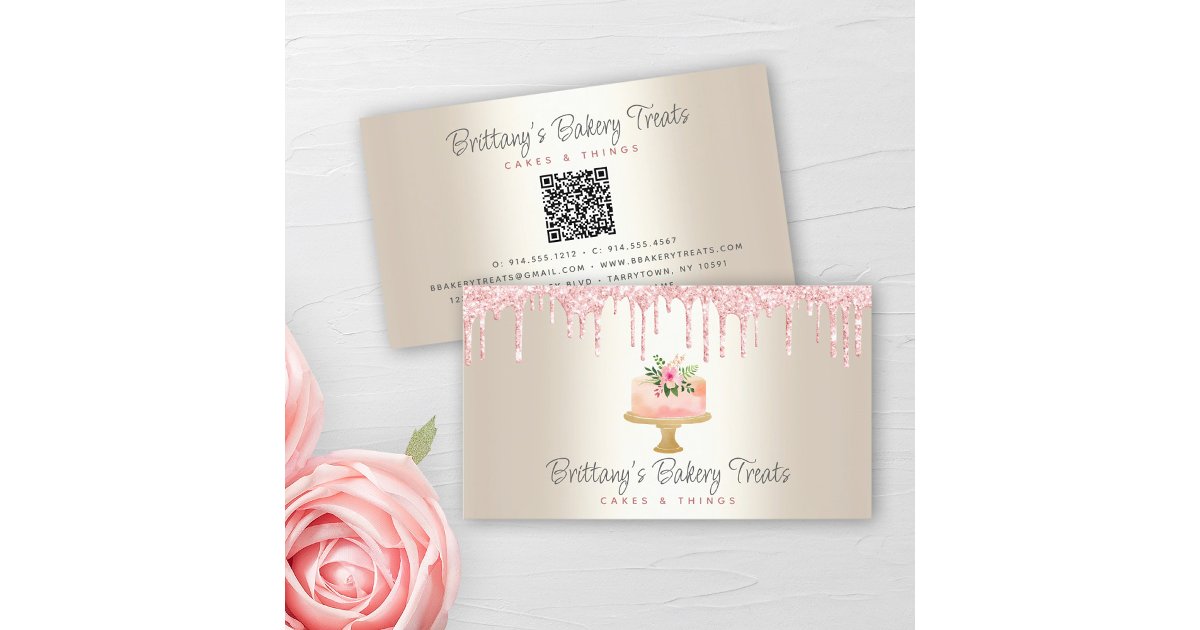 QR Code Bakery Blush Pink Cake Glitter Drips Gold Business Card | Zazzle