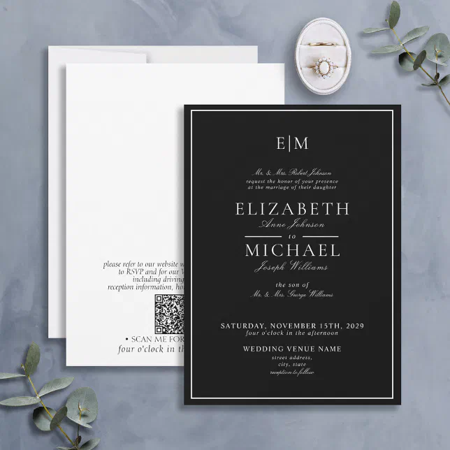 QR Code Black White Classic Monogram Wedding Invitation | Zazzle