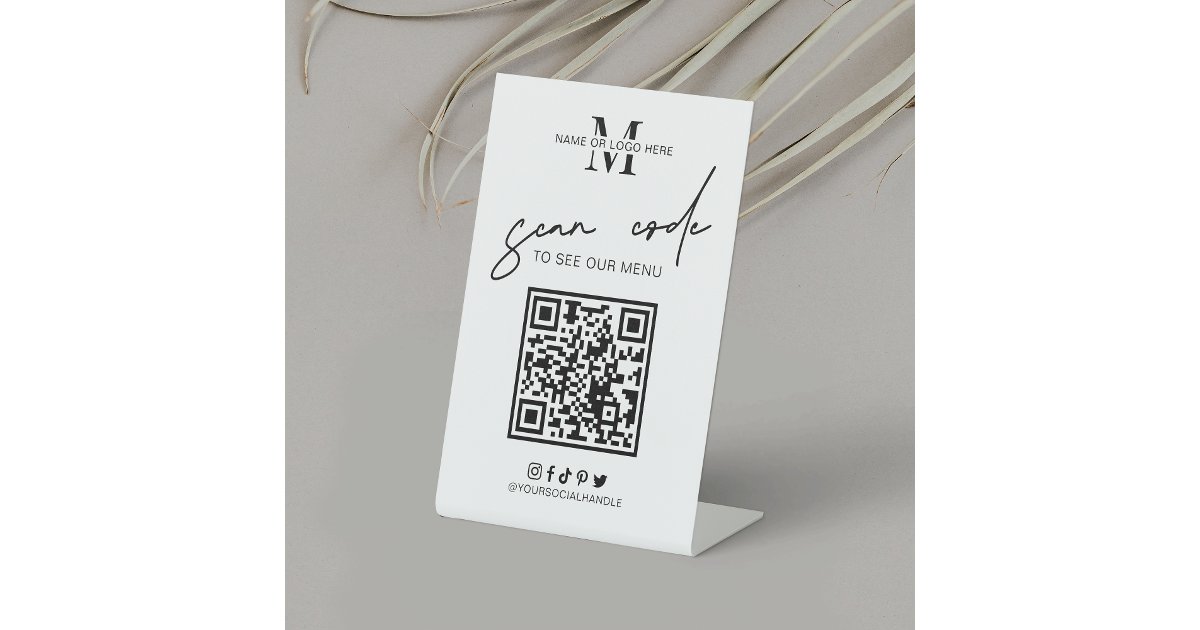 QR Code Coffee Shop Menu Minimal Black White Logo Pedestal Sign | Zazzle