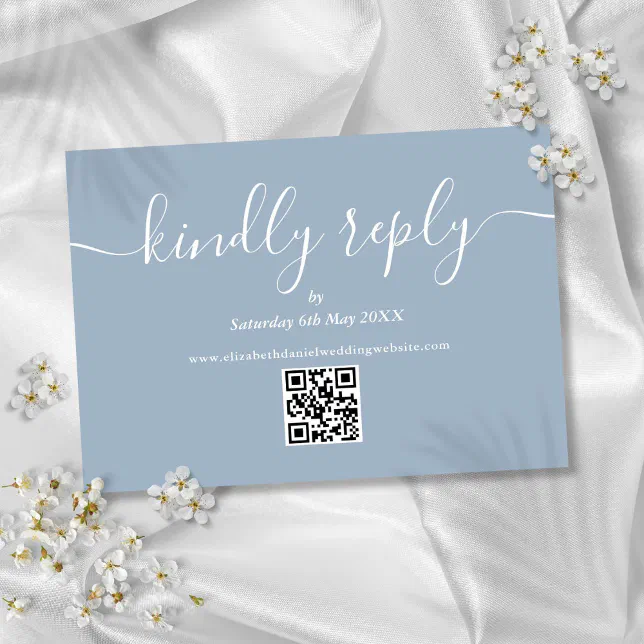QR Code Elegant Script Kindly Reply Dusty Blue RSVP Card | Zazzle