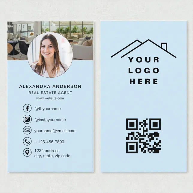 QR Code Real Estate Agent Sky Blue Photo Logo Business Card | Zazzle