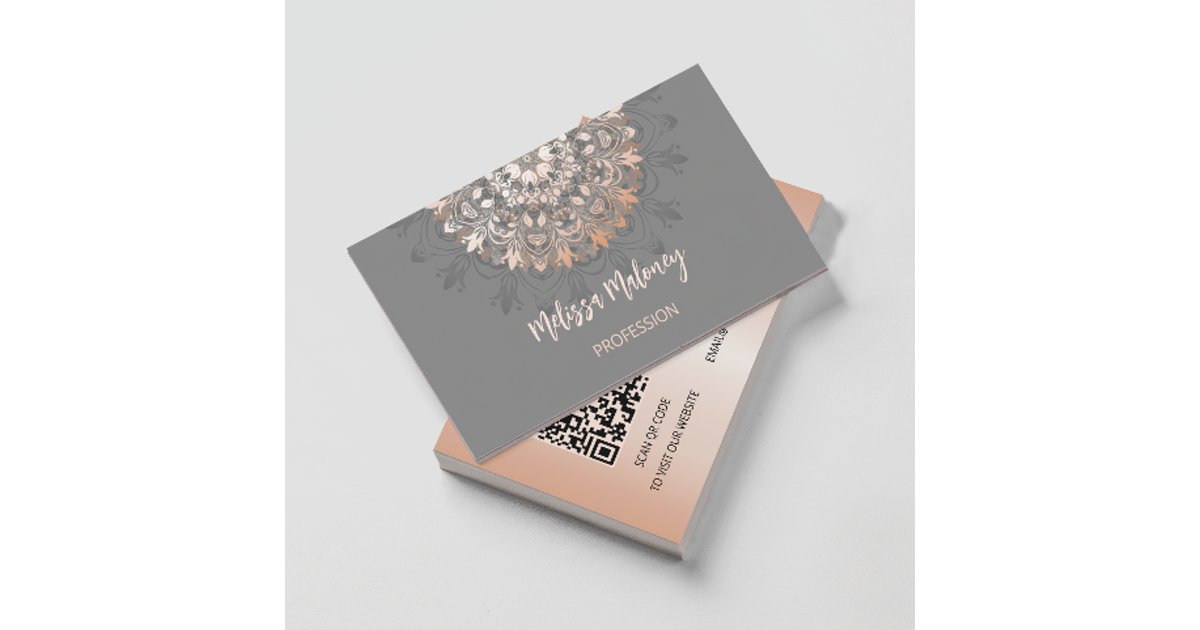 QR Code | Rose Gold Gray Floral Mandala Business Card | Zazzle