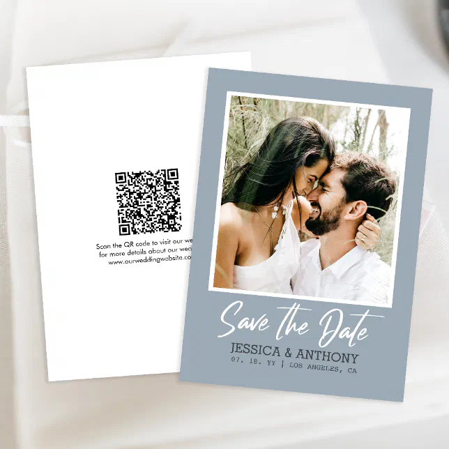 QR Code Save The Date Dusty Blue Photo Wedding Invitation | Zazzle
