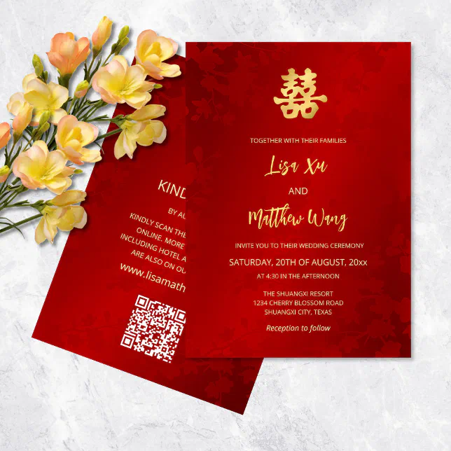 QR Code | Simple Red Gold Chinese Wedding Invitation | Zazzle