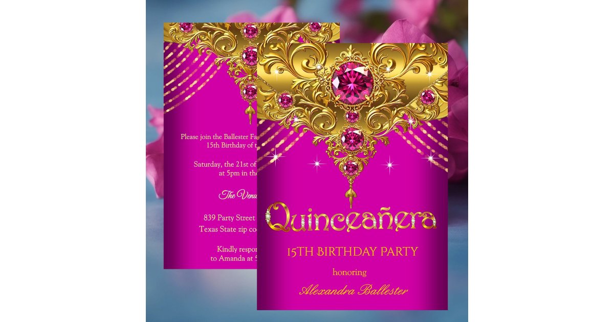 Quinceanera 15th Birthday Exotic Fuchsia Pink Gold Invitation | Zazzle