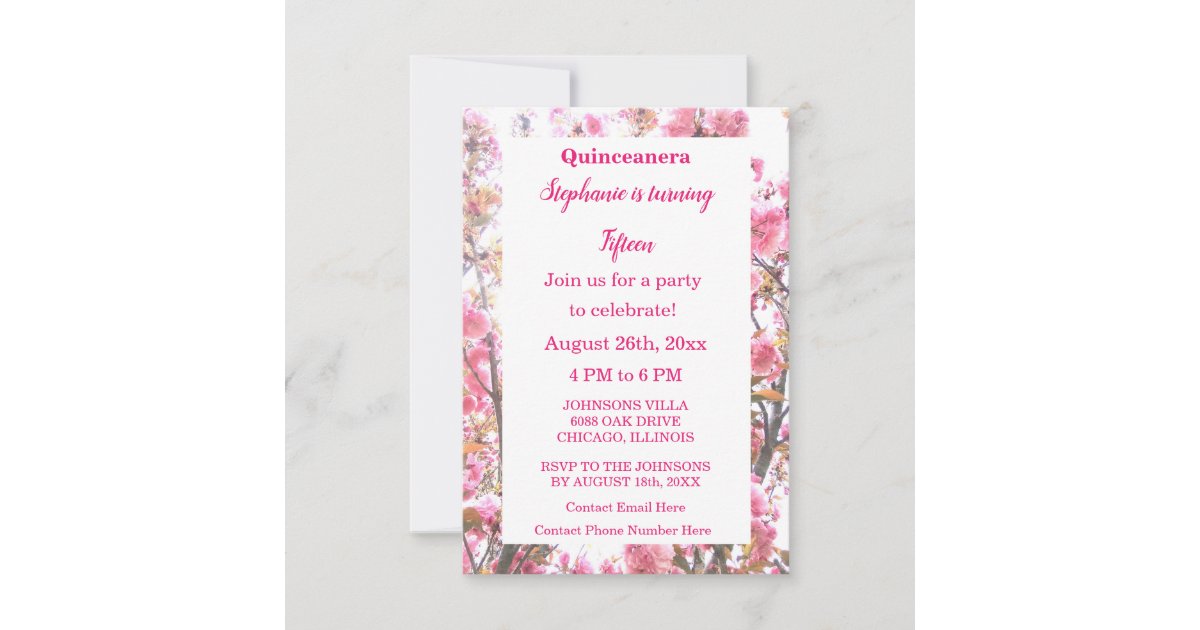 Quinceanera Fifteenth Birthday Pink Cherry Floral Invitation | Zazzle