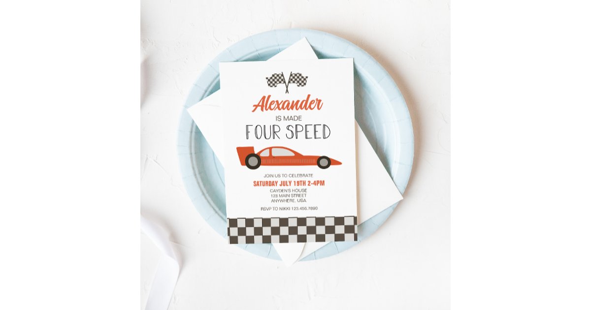 Race Car Made Four Speed Birthday Invitation | Zazzle