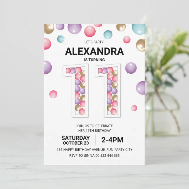 Rainbow 11th Birthday Party, Pink Balloon Girl Invitation | Zazzle