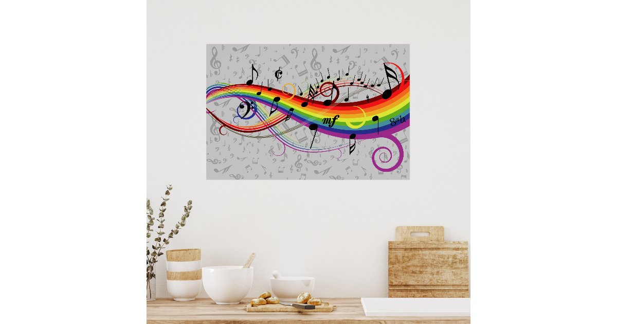 Rainbow black and gray Music Notes Poster | Zazzle