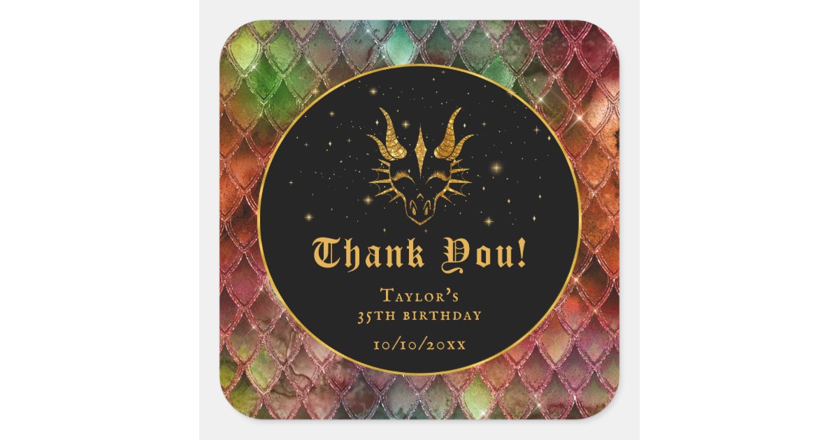 Rainbow Dragon Scales Gold Birthday Thank You Square Sticker | Zazzle